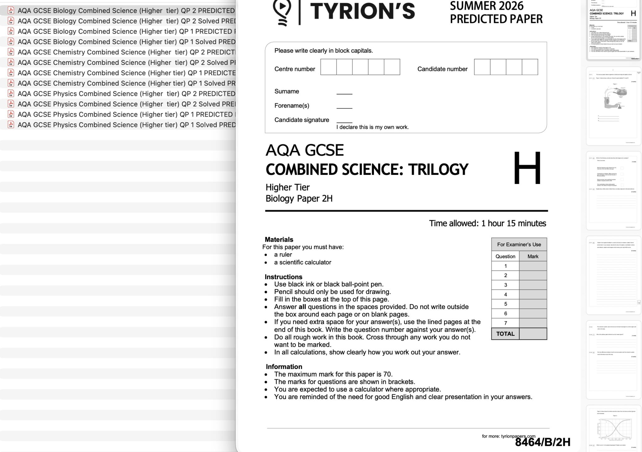 AQA GCSE Combined Science Trilogy Higher 2026 Predicted Papers - Tyrions