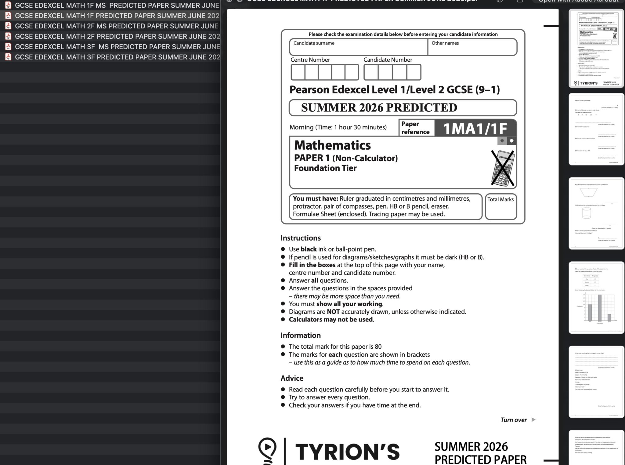 Edexcel GCSE Mathematics Foundation 2026 Predicted Papers - Tyrions